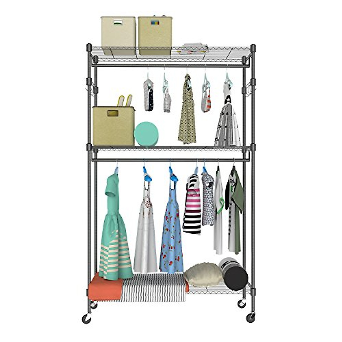 Kemanner Heavy Duty Rolling Garment Rack 3-Tiers Wire Shelving W/Double Rods & Lockable Wheels & 1 Pair Side Hooks - Hold Up to 400Lbs (Black, 2Rod 2Hook)