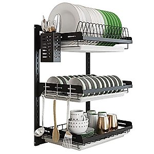 junyuan Hanging Dish Drying Rack Wall Mount,Dish Racks Drainer,3 Tier Kitchen Plate Organizer Storage Shelf with Drain Tray with 3 Hooks,Stainless Steel Black Coating (3 Tier, 21.8)