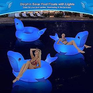 Uekars Inflatable Dolphin Pool Floats with Solar Lights, Dolphin Pool Beach Floaties Pool Tubes Rings with Cup Holder & Handle,Large Summer Water Fun Lounge Raft Swim Tubes with Fast Valves for Adults