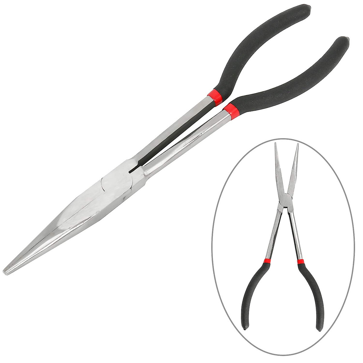 Amarine Made Long Needle Nose Pliers Set 11-inch Pliers 5-piece Set Nipper Bent Nose, Duckbill Pliers,End Cutting, Diagonal, Plug Cable Puller Reach Flat,45,90 Degree Angle, Straight,Curved Pliers