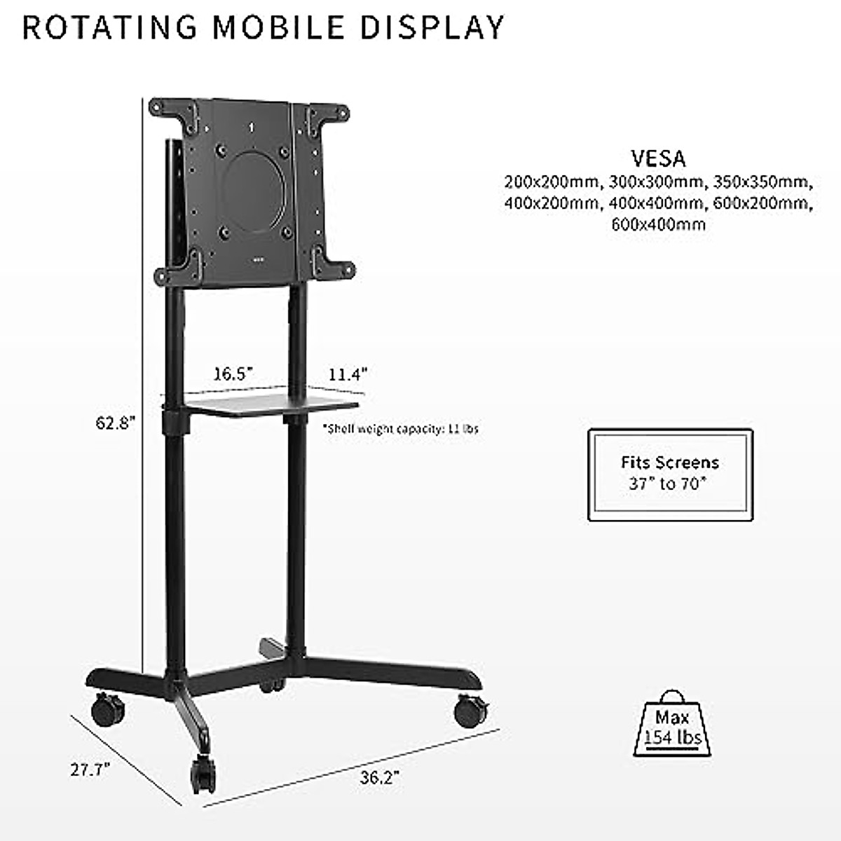VIVO Mobile Premium TV Cart for 32 to 88 inch Screens up to 154 lbs, Samsung Digital Flipchart, Microsoft Surface Hub 2S, Portrait to Landscape, Shelf, Wheels, Max VESA 600x400, Black, STAND-TV02PB