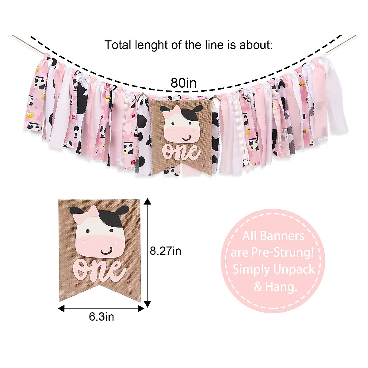 Cow High Chair Banner - Farm 1st Birthday Party For Baby Girl, Pink Barnyard Theme Banner ,First Cake Smash, Baby Shower Decorations For Girl