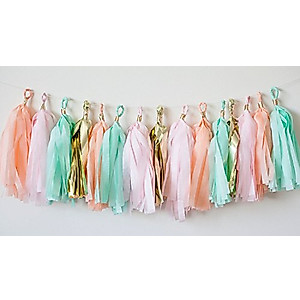 Hand Made 16 x Mint Pink Gold Apricot Tissue Paper Tassels for Party Wedding Gold Garland Bunting Pom Pom by Originals Group