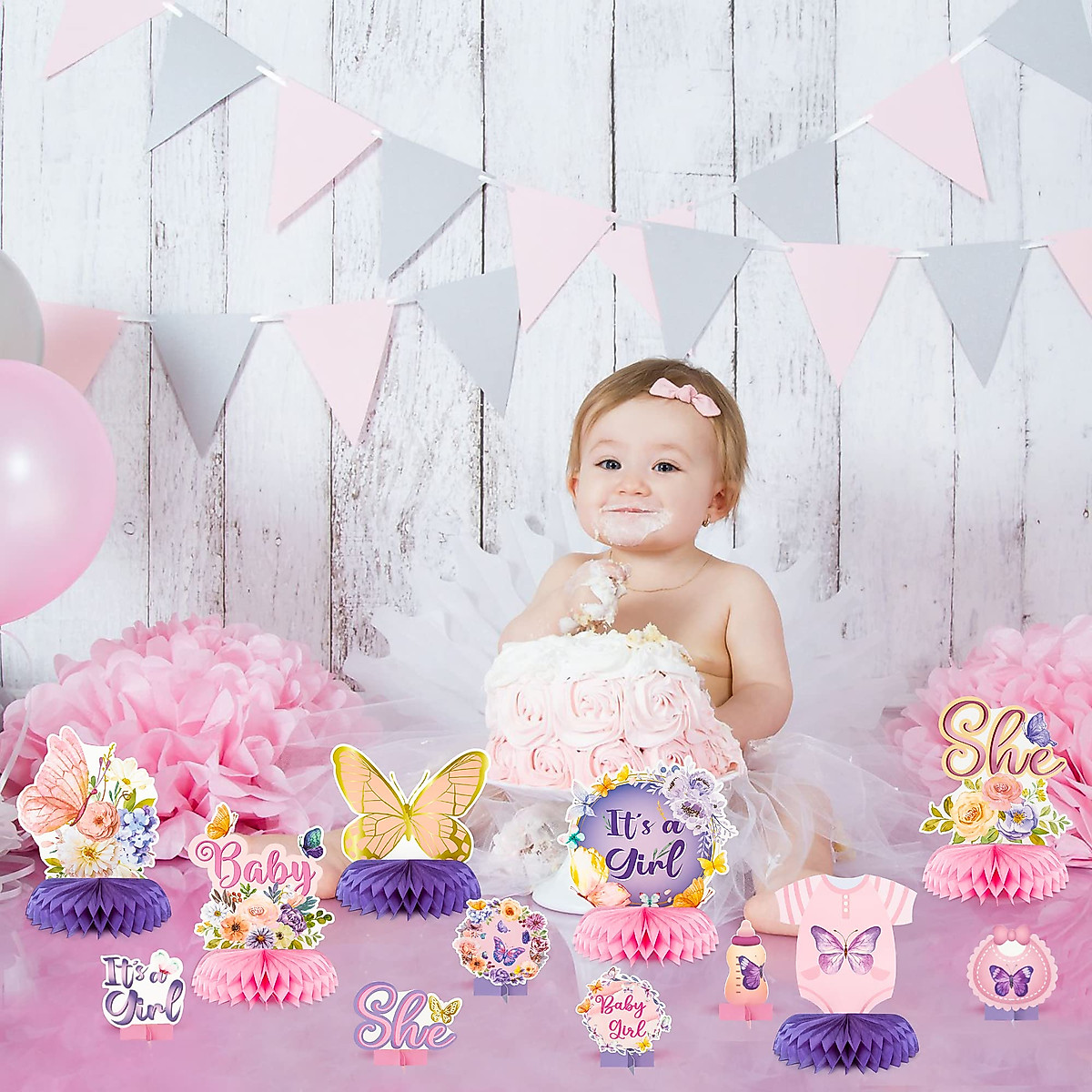 JAPBOR 12pcs Butterfly Baby Shower Party Honeycomb Table Centerpieces, It's a Girl Purple and Pink Decorations for Baby Girl Gender Reveal Party, Birthday Floral Butterflies Table Toppers