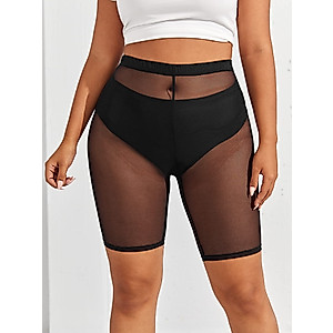 WDIRARA Women's Plus Size Elastic Waist Sheer Mesh Biker Shorts Short Leggings Black 1XL