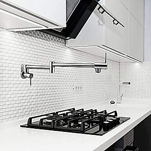 QWORK Stainless Steel Wall Mount Pot Filler Faucet - 1/2"-14 NPT Thread, Commercial Kitchen Sink Faucet with Foldable Stretchable Double Handles and Single Hole Configuration