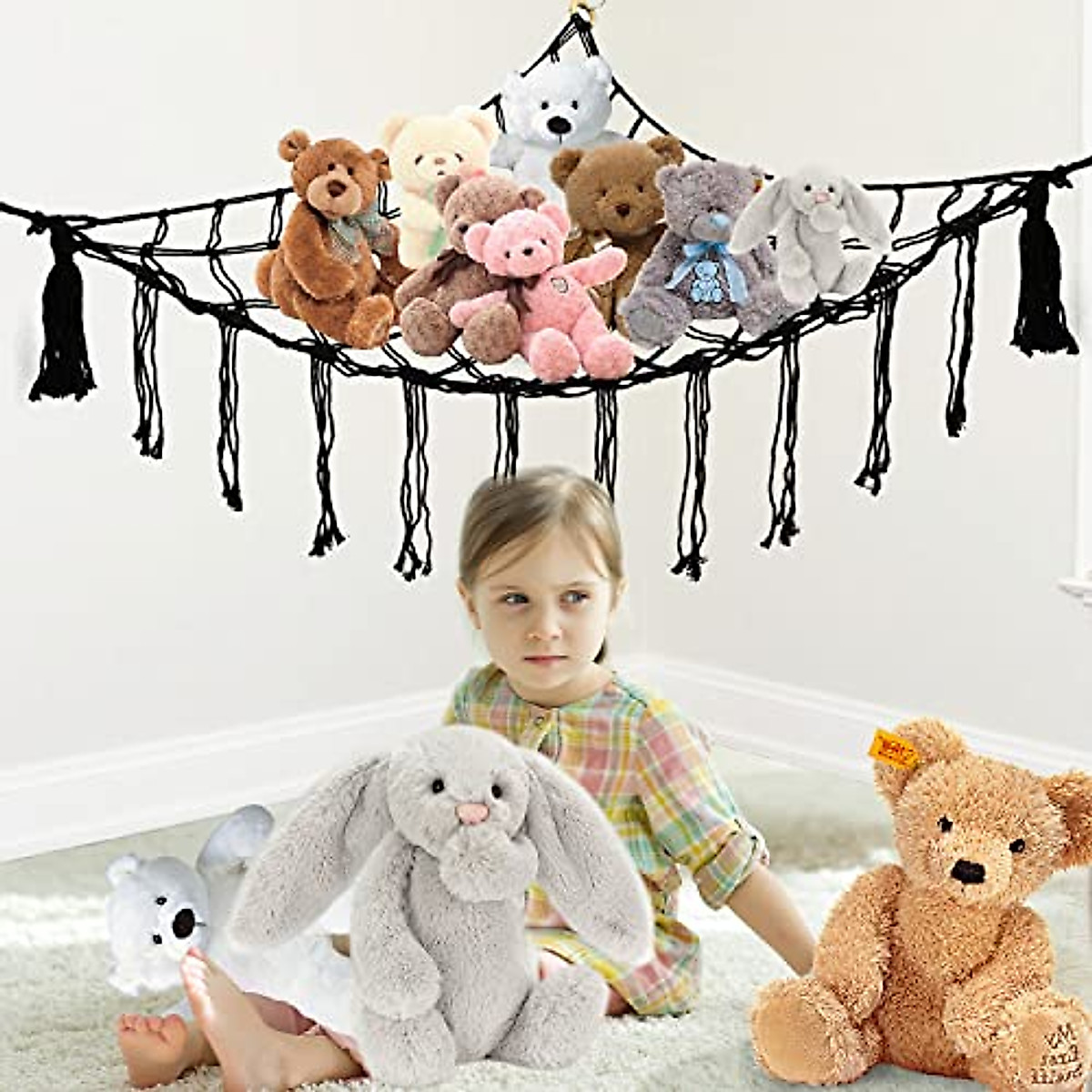 Stuffed Animal Net Or Hammock With Led Light, Animal Hammock Corner Holder, Toy Plush Net Wall Hanging Net Storage Ideas Organizer, For Nursery Play Room Kids Bedroom (Black)