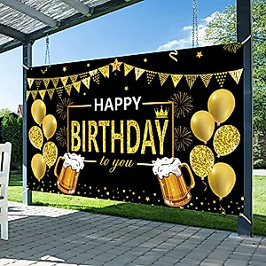 Black and Gold Happy Birthday Banner Decorations, Black Gold Happy Birthday Theme Backdrop Party Sign Supplies, 21st 30th 40th 50th 60th 70th 80th Birthday Poster Background Photo Booth Props Decor