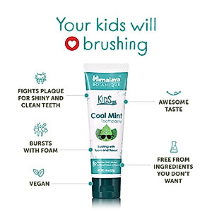 Himalaya Botanique Kids Toothpaste, Cool Mint, Fluoride-Free, Gentle, No Artificial Colors, SLS Free, Gluten Free, Cruelty Free, Vegan, Foaming, 4 Oz, 1 Pack…