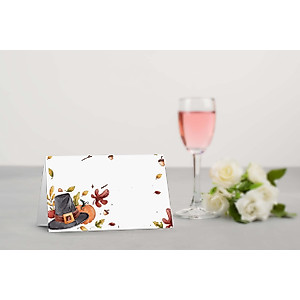 Table Place Card, Fall Thanksgiving Themed Tent Style Cards, Pack of 25 Half-Fold Reception Place Card with Top Hat and Pumpkin, Perfect for Thanksgiving Dinner, Party, Birthday, Wedding, Banquet A09