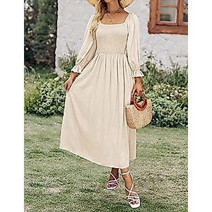ZESICA Women's Casual Square Neck 3/4 Puff Sleeve Solid Color Smocked High Waist Flowy Midi Dress,Beige,Small