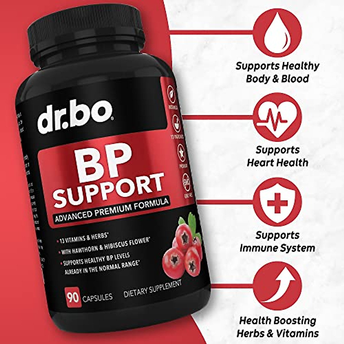 DR. BO Blood BP Support Supplement - Healthy Herbal Garlic & Natural Hibiscus Supplement Health Herbs Vitamin Formula - Hawthorn Pills Heart Vitamins Blend Flow Supplements Capsules for Women & Men