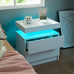 i-aplus Nightstand Set of 2 LED Nightstand with 2 Drawers, Bedside Table with Drawers for Bedroom Furniture, Side Bed Table with LED Light, White