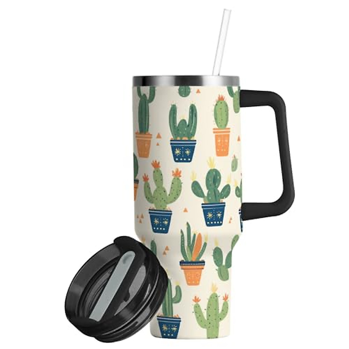 linqin Gigantic Cacti Mint Cream Vacuum Tumbler Insulated with Straw Leak Resistant Flip 40 oz Kids Water Bottle Wide Mouth To Go Coffee Mug for Hiking, Sports, Camp