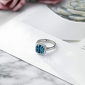 Gem Stone King 925 Sterling Silver London Blue Topaz and White Created Sapphire Engagement Ring For Women (3.30 Cttw, 8MM Cushion Cut, Gemstone Birthstone, Available In Size 5, 6, 7, 8, 9)