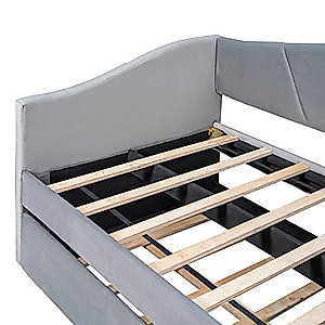 DEYOBED Twin Size Upholstered, Daybed Frame Sofa Bed with Trundle and Wood Slat for Bedroom, Living Room, No Spring Box Needed, Gray