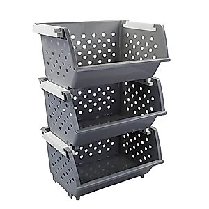 Utiao 3 Pack Gray Large Stacking Basket Bin, Open Front Stackable Storage Baskets