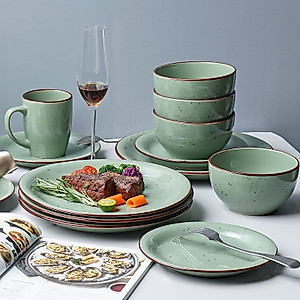 Sinouso 16 Piece Stoneware Dinnerware Set, Dinnerware Set for 4, Plates and Bowls Sets, Plates, Bowls, Cups, Microwave Dishwasher Safe, Service for 4 (Green Dot)