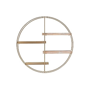 Linon Kenson Round Metal and Greywashed Wood Four Shelf Wall Storage in Gold