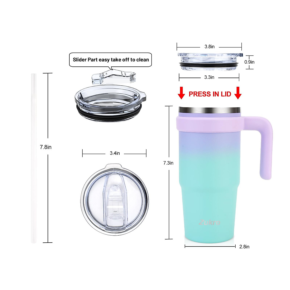 Zukro 24 oz Triple Insulated Tumbler with Handle - Leak Proof Stainless Steel Cup with Straw & Lid - No Sweat Double-wall Travel Mug for Hot and Cold Drinks - Dishwasher Safe, Cupholder Friendly