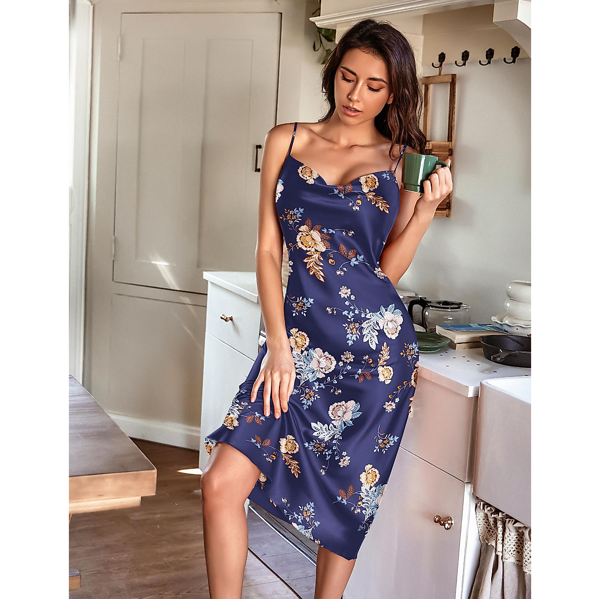 Ekouaer Women Midi Dress Satin Strappy Evening Party Dress Silk Black Cocktail Dress Womens Satin Dress