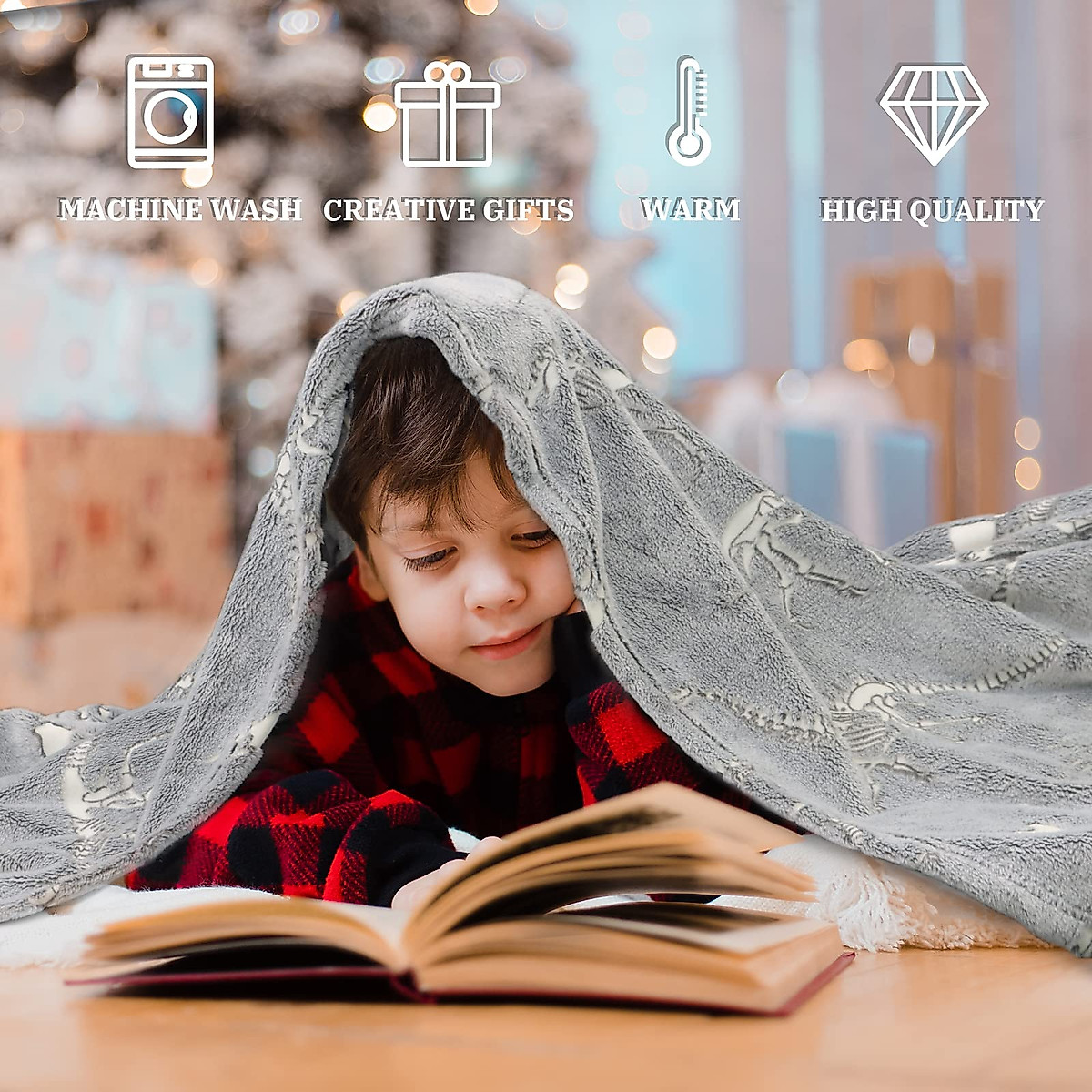 Glow in The Dark Blanket Dinosaur Throw Blanket for Boys Kids Soft Warm Cozy Cute Dino Blanket Unique Dinosaur Toys Gifts Gray Glowing Dinosaur Room Decor Blankets for Girls Teens 50"x60"