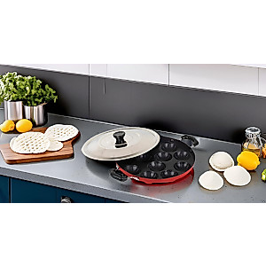 KASHVIYA Heavy 12 Cavities Non Stick Appam Patra With Stainless Lid,Red (Paniyarrakal/Paniyaram/Appam Pan/Maker/Pan Cake Maker), Aluminium (Large Black)(Gas Compatible)