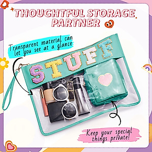 BAGMIND Large Chenille Letter Bag, 2 PCS Preppy Stuff Clear Bag, PU Waterproof Snack Makeup Sunscreen Bag Travel Cosmetic Pouch, Gift for Women Girls