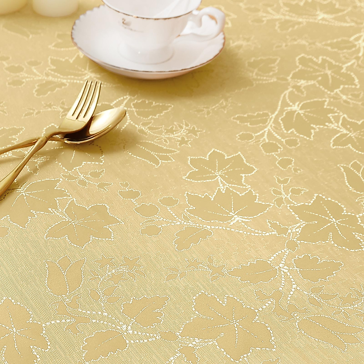 misaya Rectangle Fall Jacquard Tablecloth, Maple Leaf Damask Table Cloth, Waterproof Fabric Table Cover for Harvest and Thanksgiving Decorations (60" x 120", Yellow)