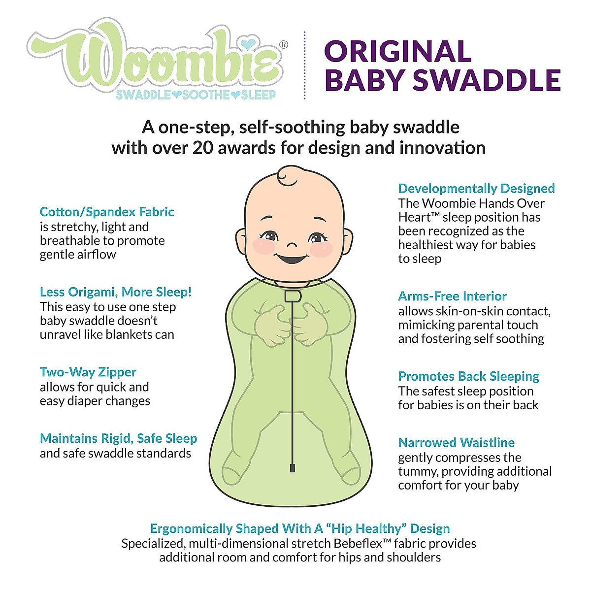 Woombie Original Baby Swaddling Blanket - Soothing, Cotton Baby Swaddle - Wearable Baby Blanket, Lime Sorbet, 14-19 lbs