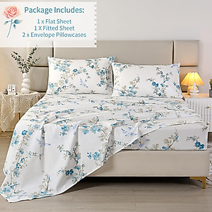 RYNGHIPY Flowers and Birds Sheet Sets Queen Size, Botanical Floral Egyptian Cotton Bedding Sheets, Shabby Cotton Sheets with Pillowcases Extra Breathable 4Pcs (Cyan,Queen Size)