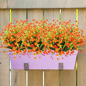 BINDUO 6 Pcs Fake Fall Flowers Artificial Plants Outdoor Daffodil UV Resistant Faux Plastic Flowers Greenery Shrubs Hanging Planter for Home Kitchen Bathroom Garden Patio Balcony Window Decor (Orange)