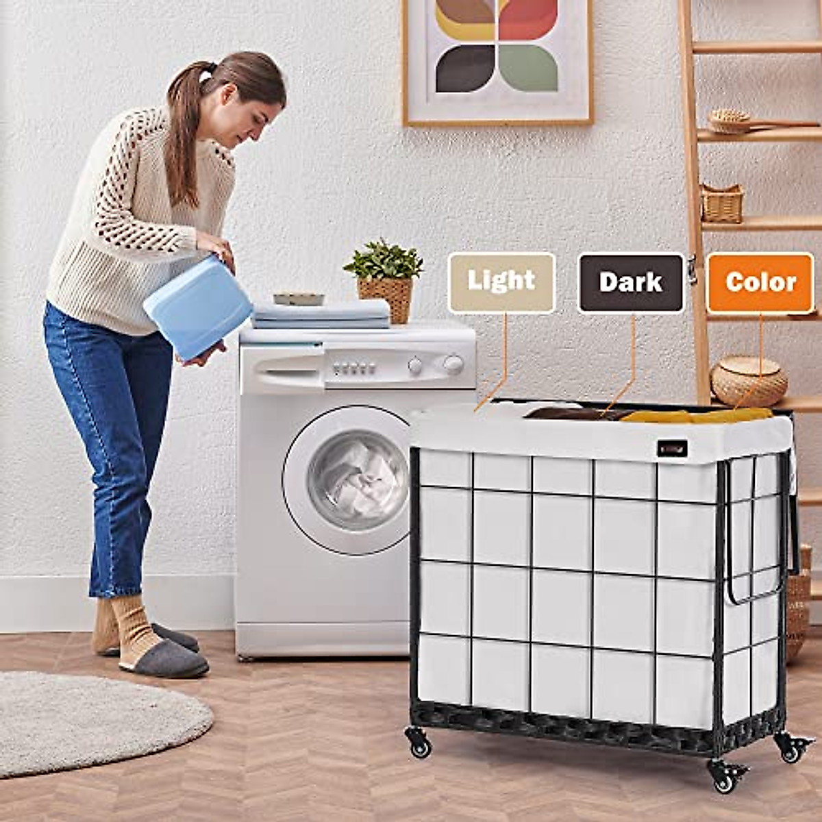 Laundry Hamper with Heavy Duty Caster Wheels; 3 Sections Clothes Hamper with Lid; 132L Laundry Basket with Removable Liner Bag; Laundry Sorter with Metal Handle (White)