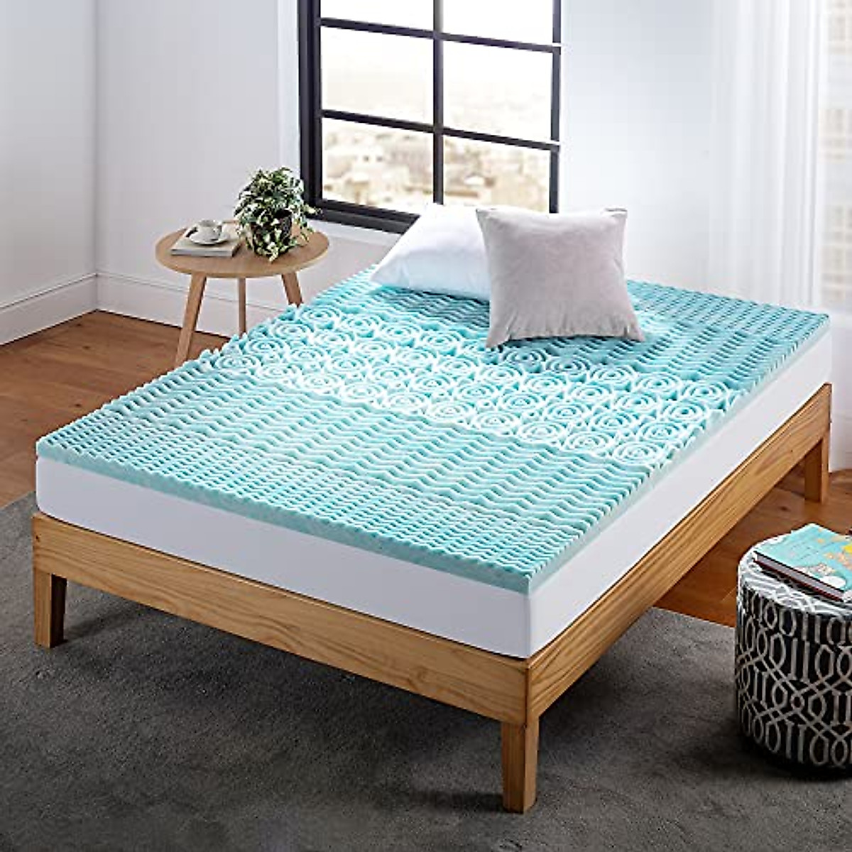 ZINUS 1 Inch Green Tea Cooling Gel Memory Foam Zoned Support Mattress Topper, Twin, Blue