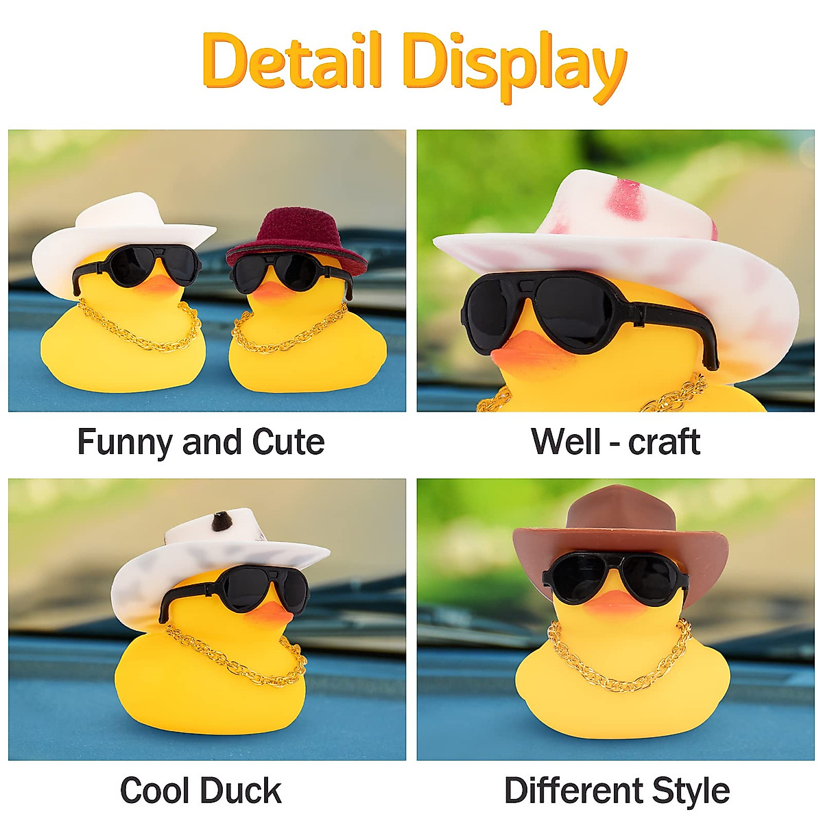 wonuu Rubber Duck Car Ornaments Yellow Duck Car Dashboard Decorations with Propeller Helmet for Christmas Decor and Home Decorations for Adults, Z-White Cowboy Hat