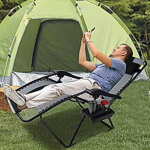 Piamomso Oversize Zero Gravity Chair with Cup Holder,Folding Recliner Lawn Zero Gravity Lounge Chair with Headrest, Grey & Black