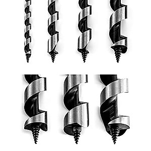QWORK Auger Drill Bit Set, 7 Piece Set 9" Auger Bit Set Hardened Alloy Steel Ship Auger Bit Creates Deep Clean Hole Precise Drilling for Wood Drilling 1/4", 3/8", 1/2", 5/8", 3/4", 7/8",1"