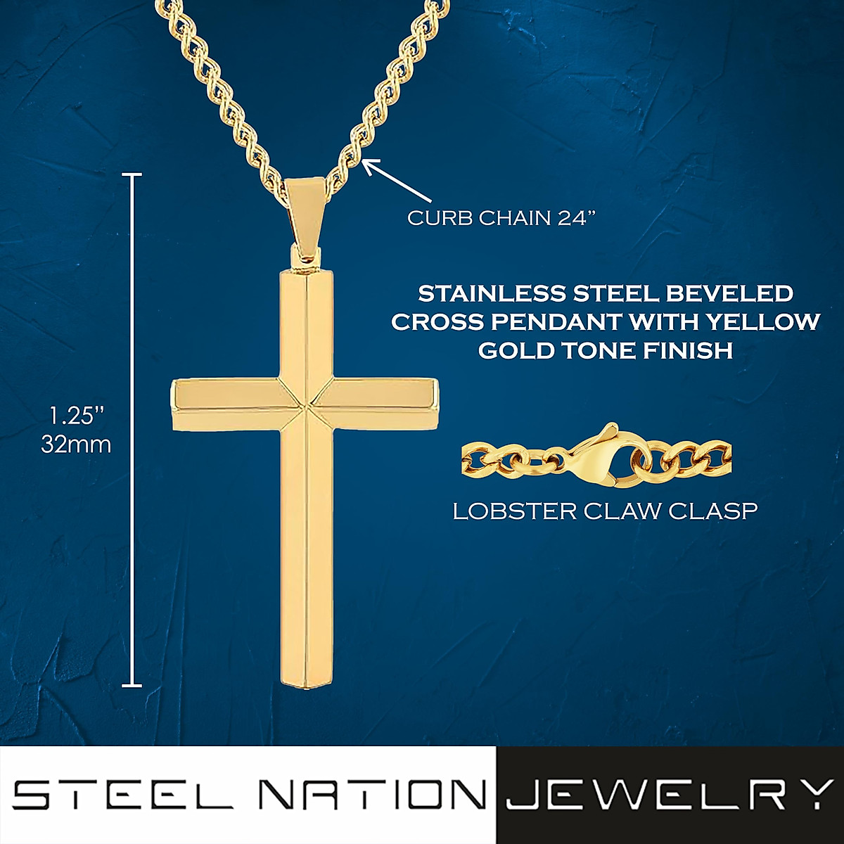 Stainless Steel Beveled Cross Pendant on 24" Twisted Curb Chain Necklace with Yellow Gold Tone Finish