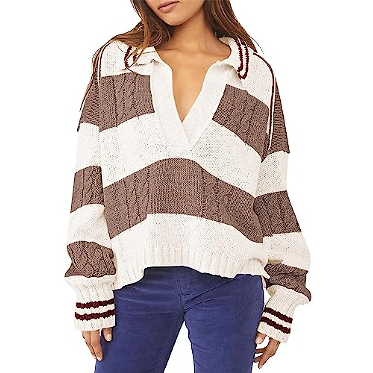 Women's 2023 Fall Casual Oversized Pullover Sweaters Lapel Collar V Neck Long Sleeve Cable Knit Striped Jumper Top Brown L