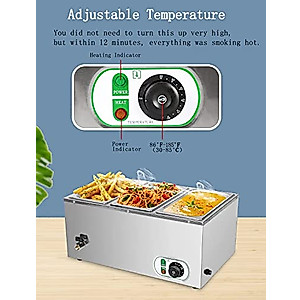 Steam Table Food Warmer 3 Pan,1200w Commercial Countertop Electric Warmers for Food,Stainless Steel Bain Marie Buffet with Lids 21qt Lage Capacity for Hotel and Restaurants