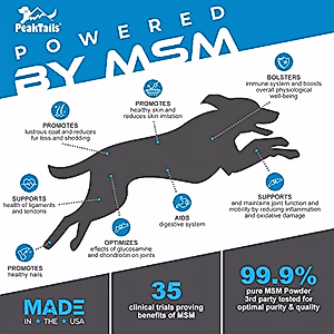 PeakTails MSM Powder for Dogs, 1 lb, Hip and Joint Support Supplement, 99.9% Pure Distilled MSM, Made in The USA