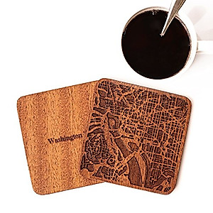 Washington D.C. Map Coaster by O3 Design Studio, Set of 4, Sapele Wooden Coaster with City Map, Handmade