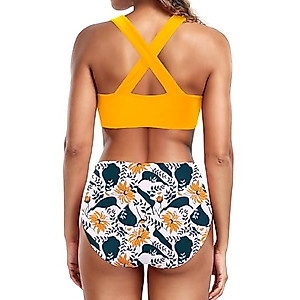 Holipick Women High Waisted Two Piece Bikini Sports Crop Top Swimsuit Scoop Neck Bathing Suit for Teen Girls with Bottom Yellow Floral