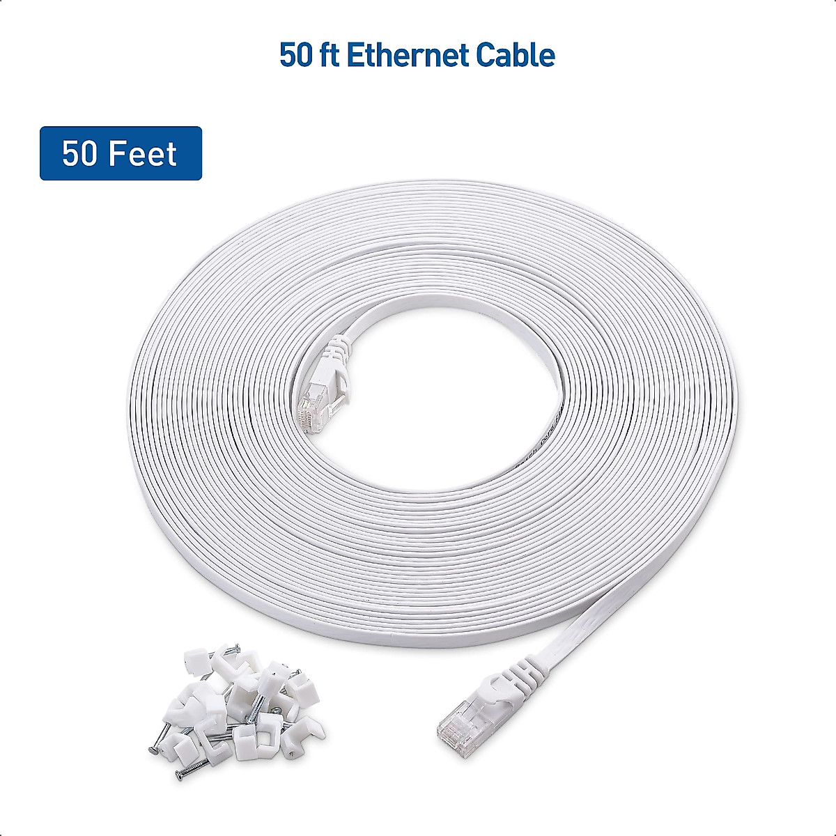 Cable Matters Cat6 Snagless Long Flat Ethernet Cable 50 ft in White with Nail-in Cable Clips