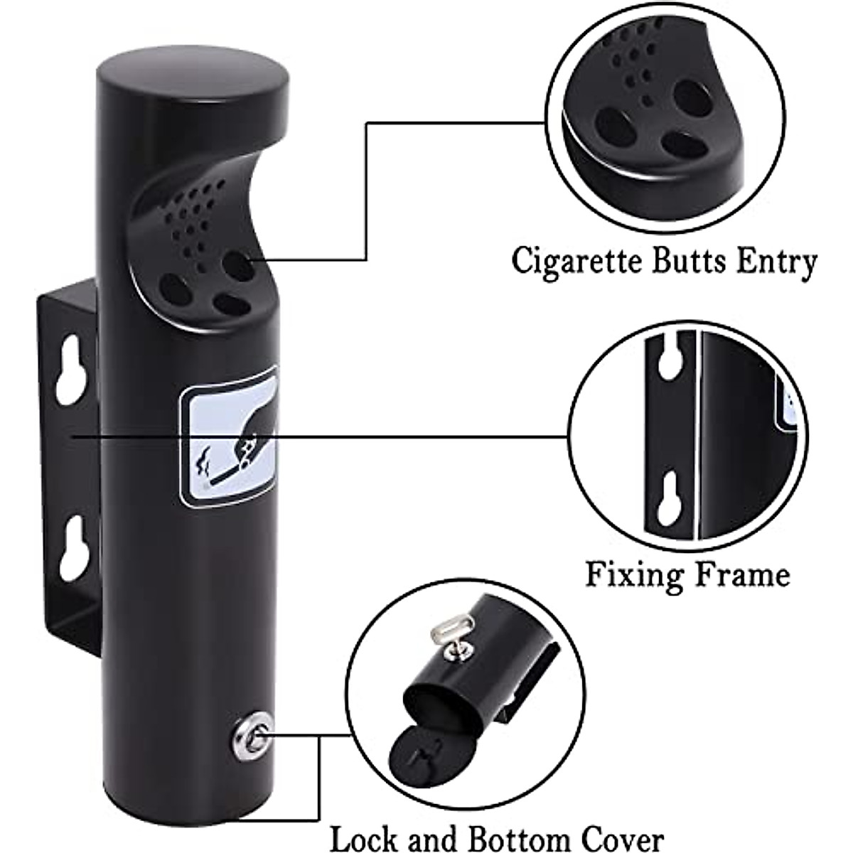 Wall Mounted Outdoor Stainless Steel Cigarette Butt Receptacle (Black, 1pcs)