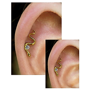Jewseen 14K Solid Gold Snake Cartilage Earring 16g Flat Back Stud Helix Piercing Jewelry Tragus Earring Conch Stud Titanium Labret Post Lip Ring Nose Stud for Women Men