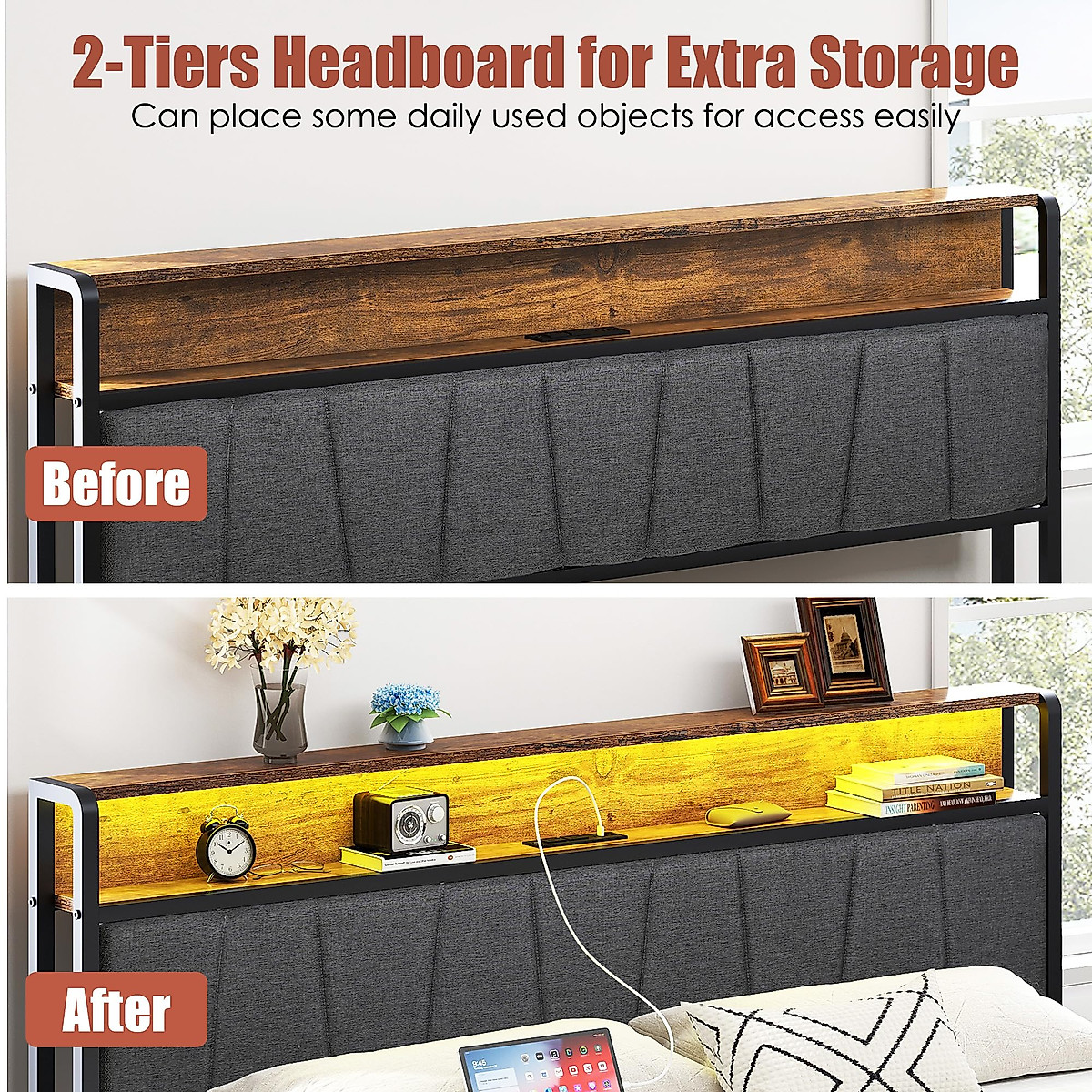 SogesSleep Twin Bed Frames with Headboard, Upholstered Twin Size Bed Frames with Storage and Charging Station & LED Lights, No Box Spring Needed Bed Frame, Noise Free & Easy Assembly