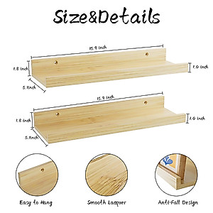YEMNMFH 16 Inch Bamboo Floating Shelves - Picture Ledge Shelf with Lip Set of 2, Hanging Bamboo Wall Shelf for Storage, Small Natural Wood Floating Shelves for Living Room, Bedroom, Kitchen
