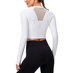 SANTINY Women's Long Sleeve Crop Workout Tops Slim Fit Gym Yoga Running Shirts for Women(A White_M)