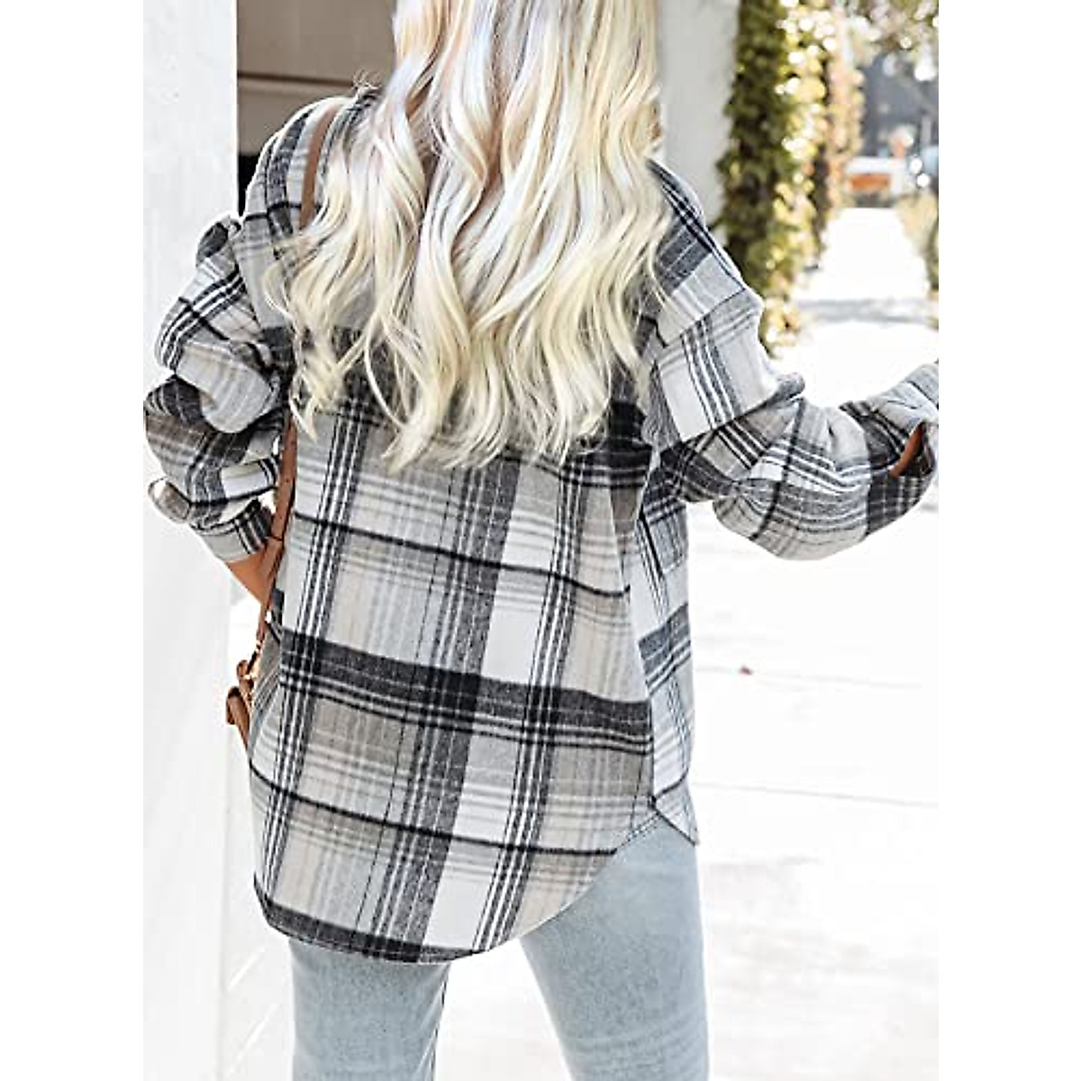 Womens Casual Plaid Shacket Flannel Button Down Long Sleeve Shirt Fall Jacket Shackets 6059 A-Grey Large